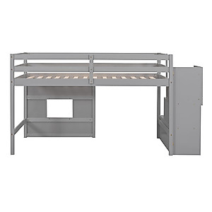 Low Loft Bed with Stairs, Twin Size Storage Loft Bed Frame with Staircase and Window, Wood Kids Loft Bed with Steps for Boys Girls Teens, Gray