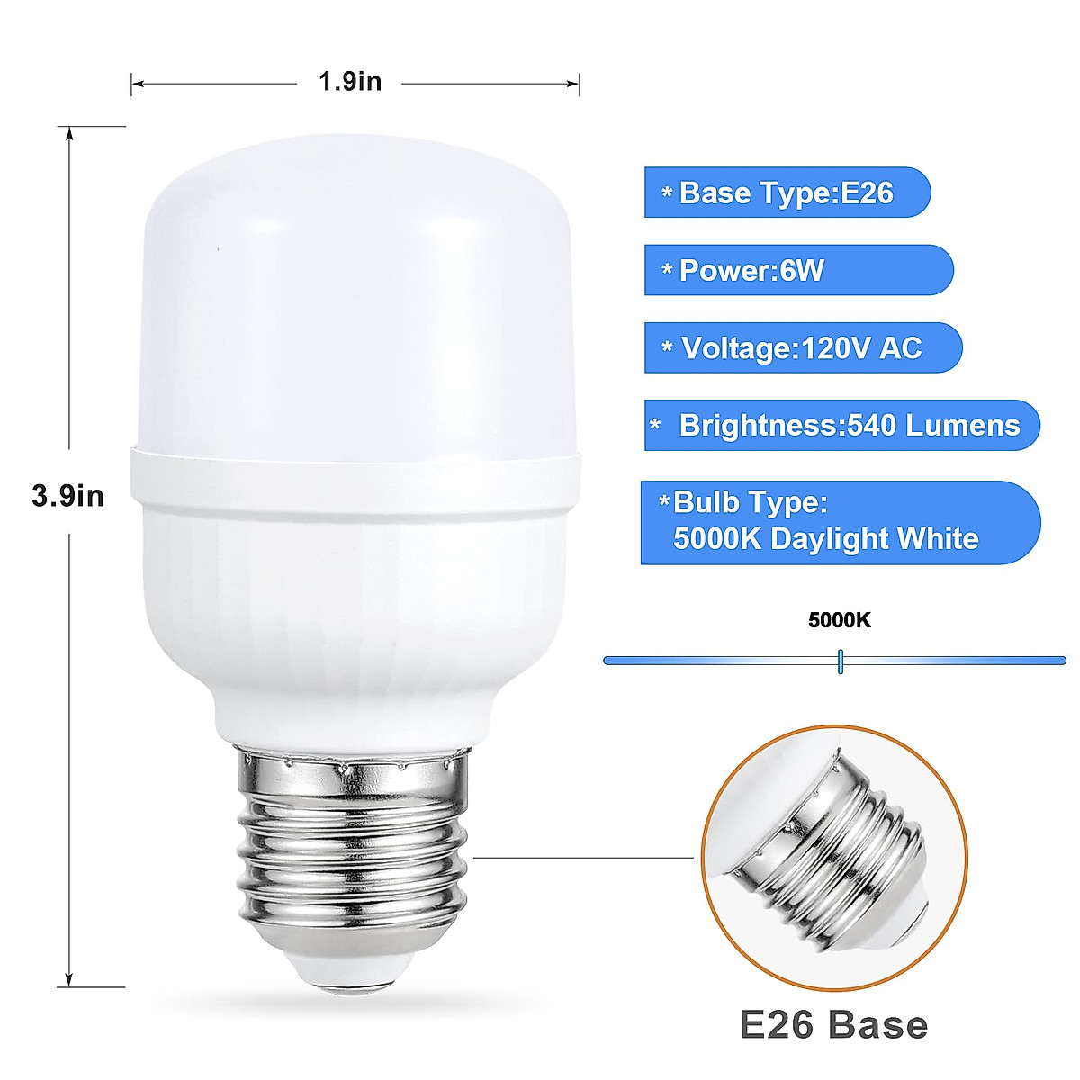 aooshine Q50 Dimmable LED Light Bulbs 6W 5000K Warm White,E26 Base 120Volts LED Bulb for Table Lamp Floor Lamp