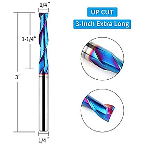 EANOSIC 5PCS Upcut Spiral Router Bit 1/4 inch Shank, 1/4 inch Cutting Diameter, Extra Long 3 inch Solid Carbide with Nano Blue Coating CNC Router Bits End Mill for Wood Cut, Carving