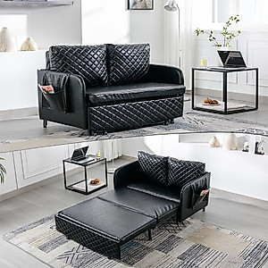 Lin-Utrend 46" Convertible Sleeper Sofa Bed, Modern Loveseat Couch with Pull Out Bed, Small Love Seat Futon Sofa Bed with Headboard, 2 Pillows Side Pockets for Living Room Apartment (Black)