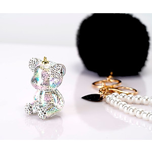 YOU WIZV Teddy Bear Keychain, Cute Bling Keychains for Women and Puff Ball key chains for Car Keys, Backpack, Purse Accessories, Aesthetic Black Pom Pom Keychain