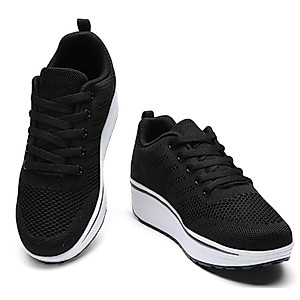 DADAWEN Women's Slip On Breathable Mesh Walking Tennis Shoes Lightweight Comfort Wedge Platform Casual Sneakers for Gym Travel Work Black US Size 7.5