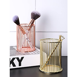 Stephanie Imports Set of 3 Metal Wire Pencil Cup or Makeup Brush Holder Organizer (Gold Bar Pattern)