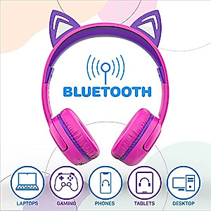 FosPower Bluetooth Kids Headphones with 3.5mm Audio Cable Included, Up to 50 Hours of Playtime & LED Light Up Ears, Wireless or Cable Connected Headphones for Kids (Max 85dB) - Hot Pink/Purple