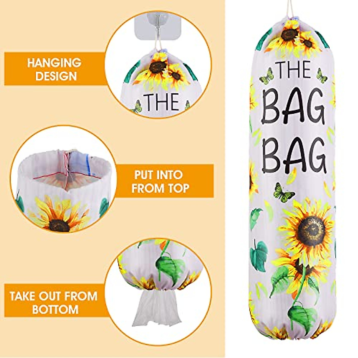 Sunflower Plastic Bag Holder for Kitchen, Plastic Bag Organizer and Dispenser Wall Mount Plastic Bags with Self-adhesive Hooks Garbage Shopping Trash Bags Storage Sunflower Farmhouse Home Decor