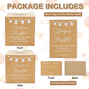Whaline 50Pcs Diaper Raffle Tickets with Box and Card Sign Baby Shower Game Kraft Diaper Raffle Insert Invitation Card for Gender Reveal Baby Shower Table Centerpiece Party Favor Decoration