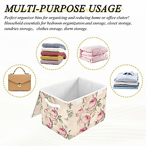 Tatenale Collapsible Storage Bins with Lids Decorative Fabric Storage Cubes Closet Organizer and Storage Basket Boxes Containers for Clothes Box Chest Folding Rectangle Pink Rose