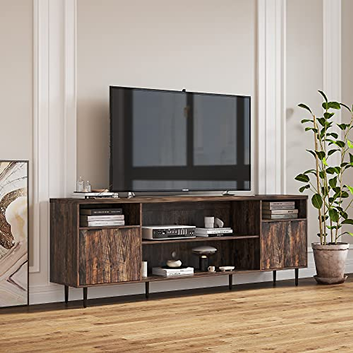 Voohek Modern TV Stand, Wood Media Console Table with 4 Doors and 4 Open Shelves, Farmhouse Entertainment Center Cabinet w/Storage, for Living Room Bedroom, for 85 inch, Dark Brown