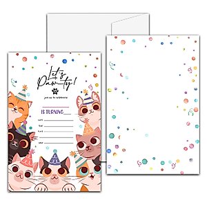 Cute Kitten Birthday Party Invitation, Let's Paw-Ty Kitty Cats Fill-In Invites For Adults Women & Men, 20 Invitations With Envelopes(4" X 6")，Party Favors Decorations And Supplies-01