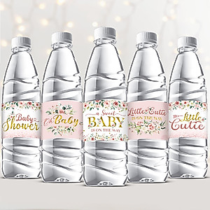 Colarr 72 Pcs Pink Baby Shower Water Bottle Labels Baby Shower Water Bottle Wrappers for Girls Water Bottle Labels Pink Gold Flower Baby Shower Party Decoration Floral Baby Shower Party Supplies