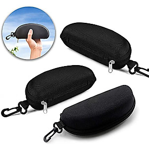 alladaga 3 Pack Zipper Shell Eyeglasses and Sunglasses Case with Plastic Carabiner Hook (Black)