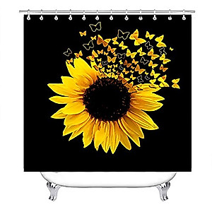 Jayden&Madge 4PCS/Set Magic Butterfly Sunflower Shower Curtain Flower Bathroom Set, Waterproof Fabric Cloth Bath Curtain, Non-Slip Bathroom Rugs Toilet Rugs Bath Mats, Floral Bathroom Decor, Butterfly