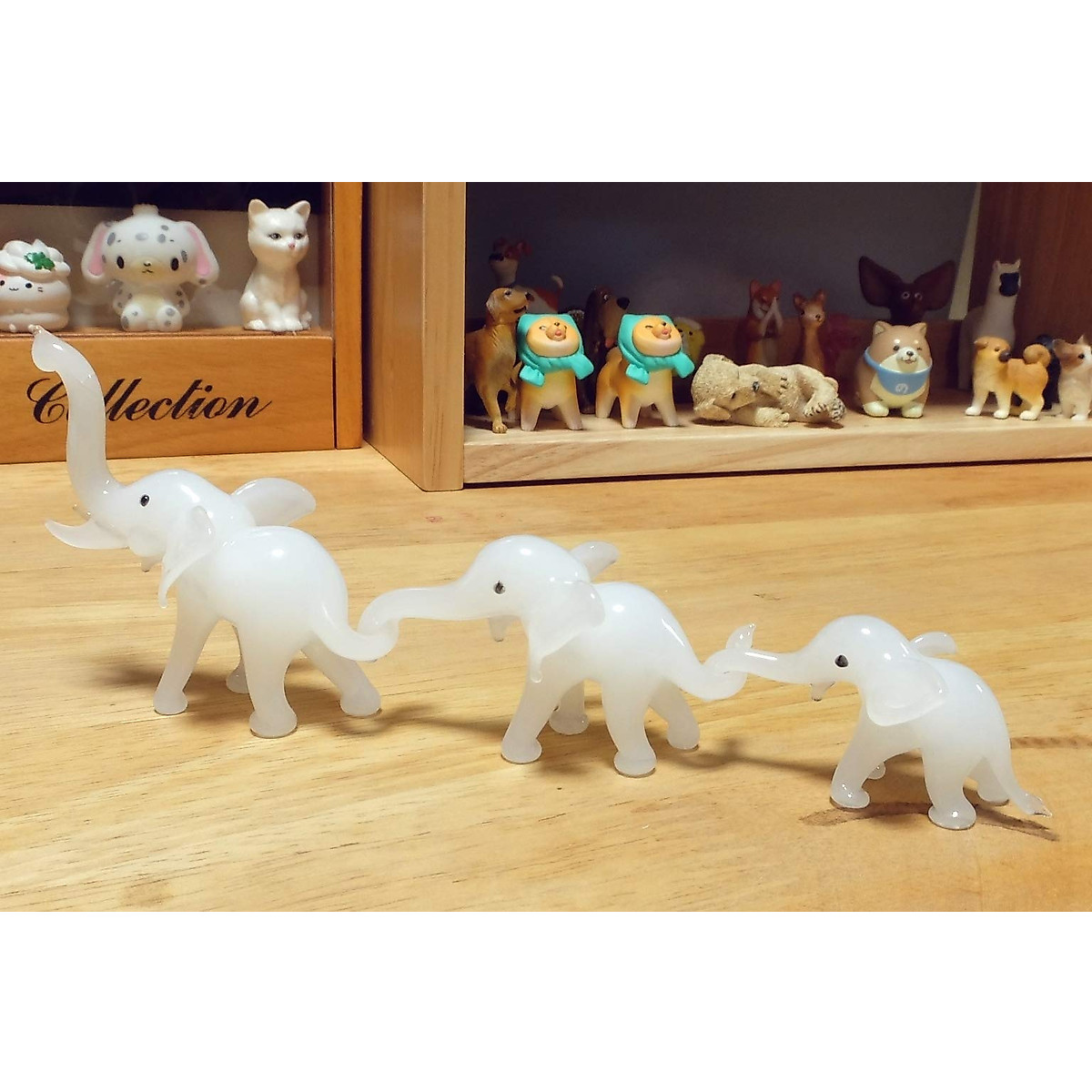 Handmade Set 3 Mini White Glass Elephant Blown Glass Art Wild Animal Collectible Figurines Figures Cool Stuff Ornament Miniature Gift Ideas for Anniversary Birthday Wedding Home Room Garden Decor No.2