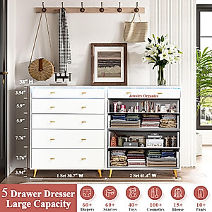 JanflyHome 5 Drawer Dresser for Bedroom Tall, Glass Dresser with 20 Colors LED Lights as Jewelry Organize, Wood Chest of Drawers for Bedroom, Living Room, Cloakroom, Entryway, White