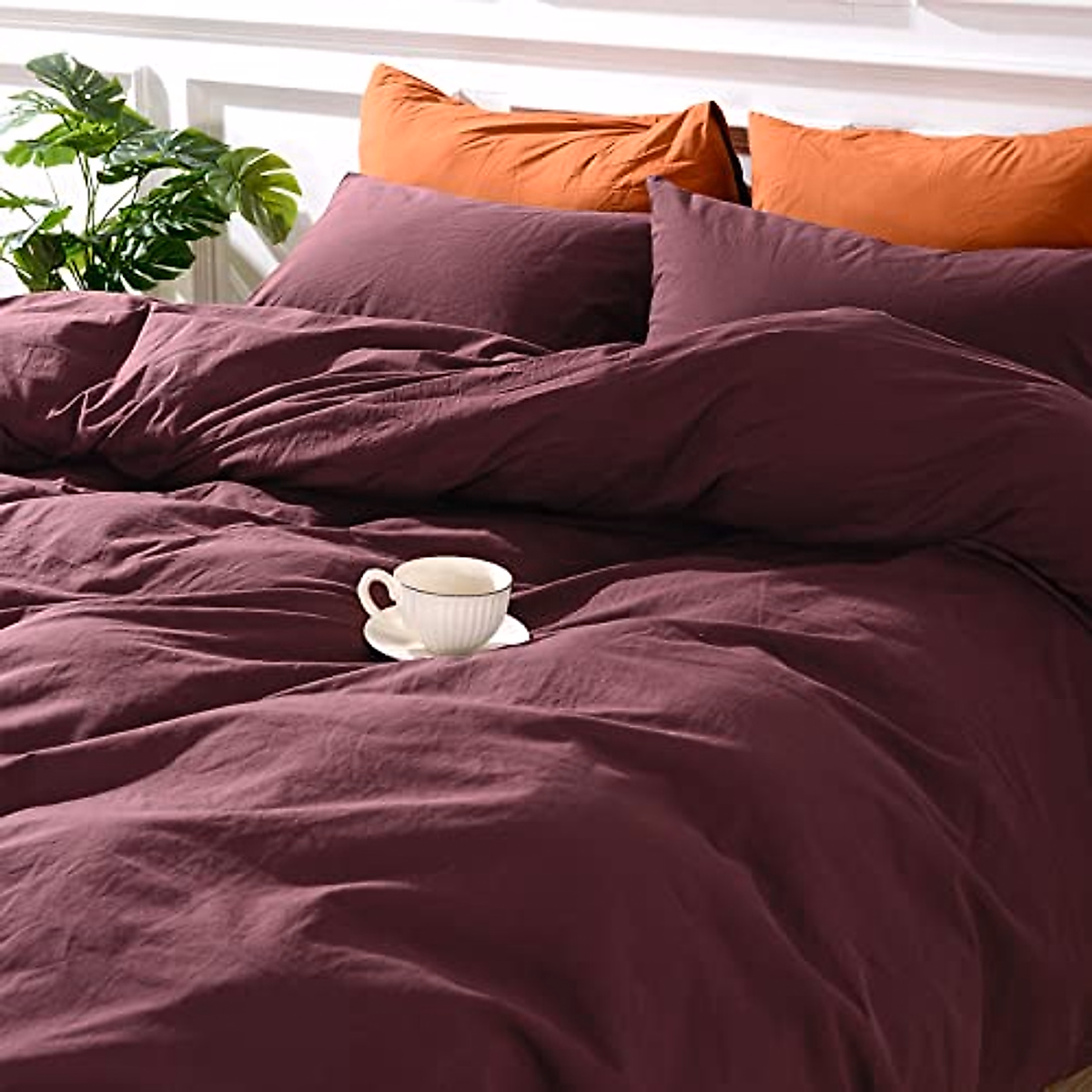 NEXHOME PRO Duvet Cover Set Queen Size Linen Look Textured 100% Washed Cotton Duvet Cover Burgundy Dark Red 3 Pieces Bedding Set with Zipper Closure,Breathable, Soft Organic Natural(No Comforter)