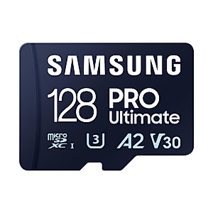 SAMSUNG PRO Ultimate microSD Memory Card + Adapter, 128GB microSDXC, Up to 200 MB/s, 4K UHD, UHS-I, Class 10, U3,V30, A2 for GoPRO Action Cam, DJI Drone, Gaming, Phones, Tablets, MB-MY128SA/AM