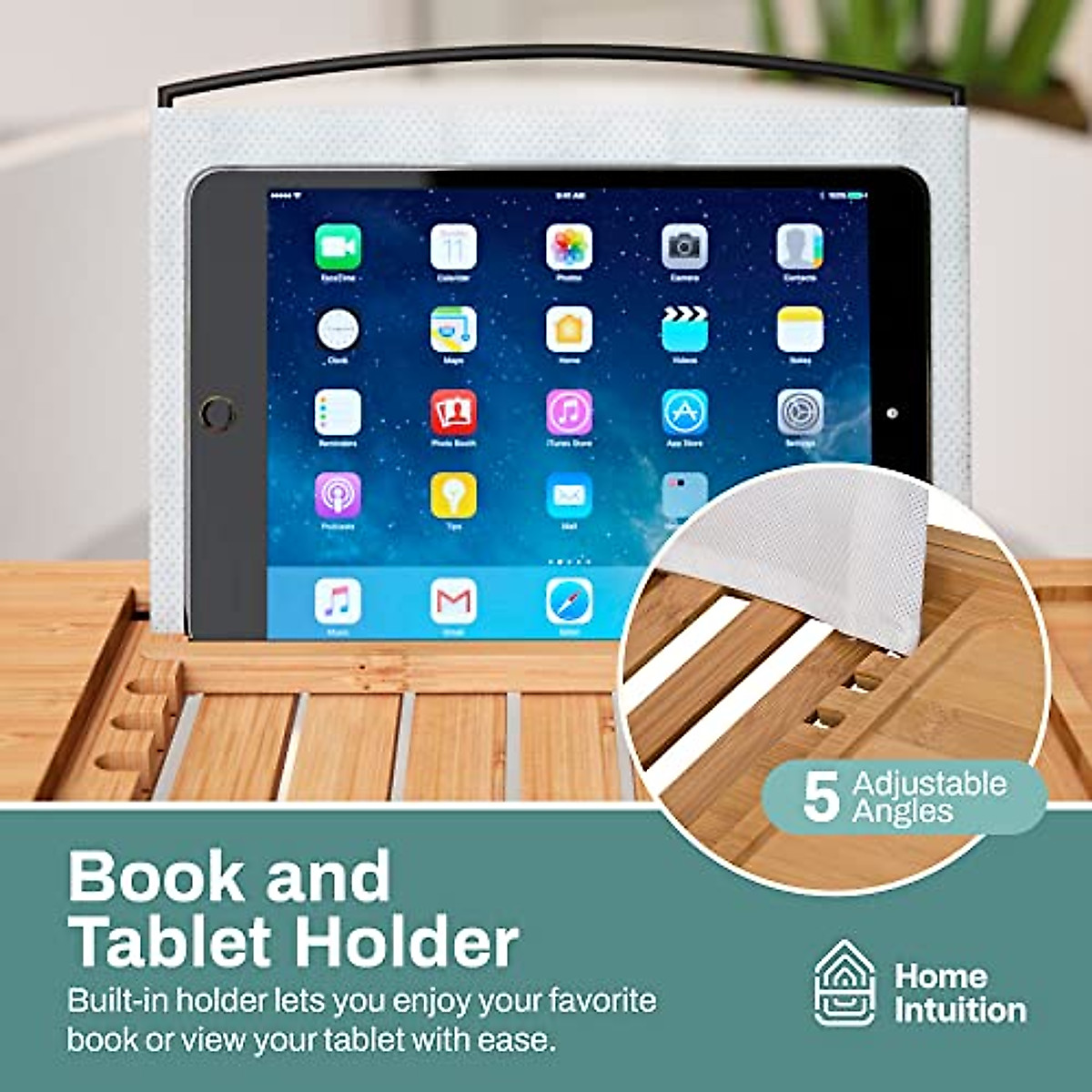 Home Intuition Expandable Bamboo Bathtub Tray Caddy (27.75-41.5 Inches) Luxury Bath Tub Tray Table Bathtub Caddy Bath Accessories for Women & Men Bath Tray Shelf with Book & Wine Holder