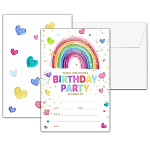 Chuxvon Birthday Party Invitations, Rainbow Heart Birthday Invitations, Double-Sided Fill In Birthday Invites, Birthday Party Favors Decorations Supplies, 20 Cards With 20 Envelopes(Invite-A02)