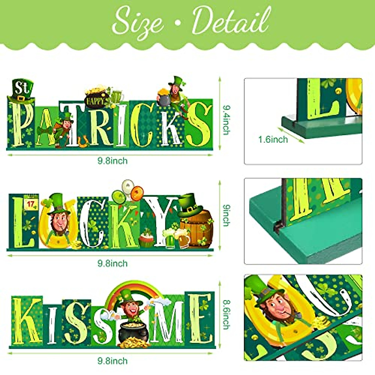 3 Pcs St. Patrick's Day Table Decoration Wood Happy St Patrick's day Sign Irish Lucky Table Centerpiece Green Shamrocks Leprechaun Table Topper Sign for St. Patrick's Day Party Home Table Decor