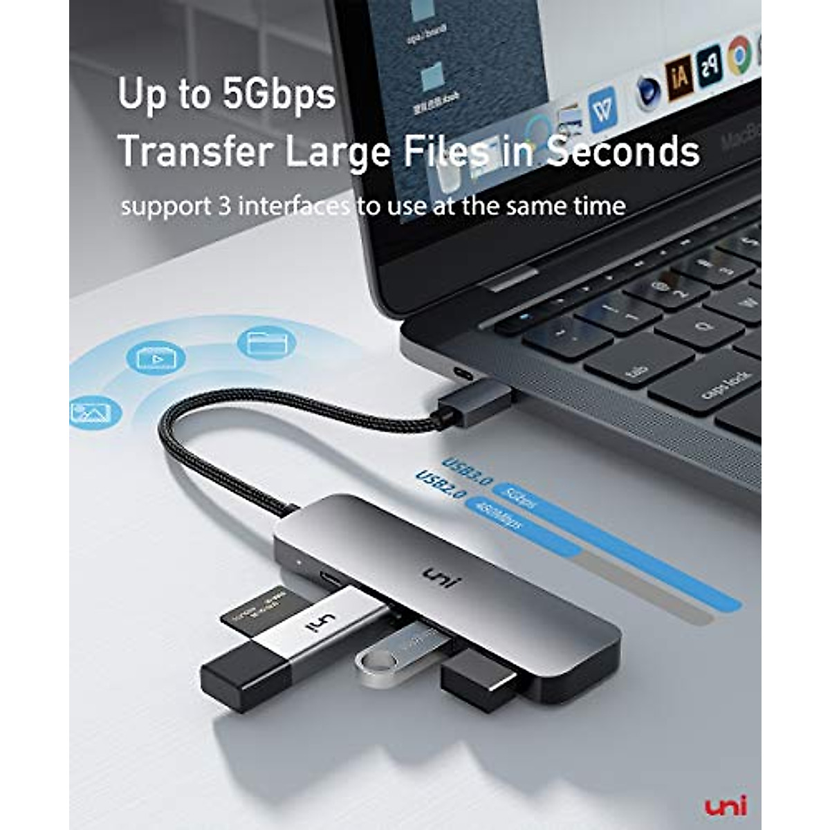 USB C to USB Hub with 100W PD, uni (Slim& Aluminum& Nylon) USB Type C to USB Adapter with Hight Speed 3*USB 3.0, USB-C Power Delivery, Thunderbolt 3 Compatible with MacBook Pro, XPS, Pixelbook