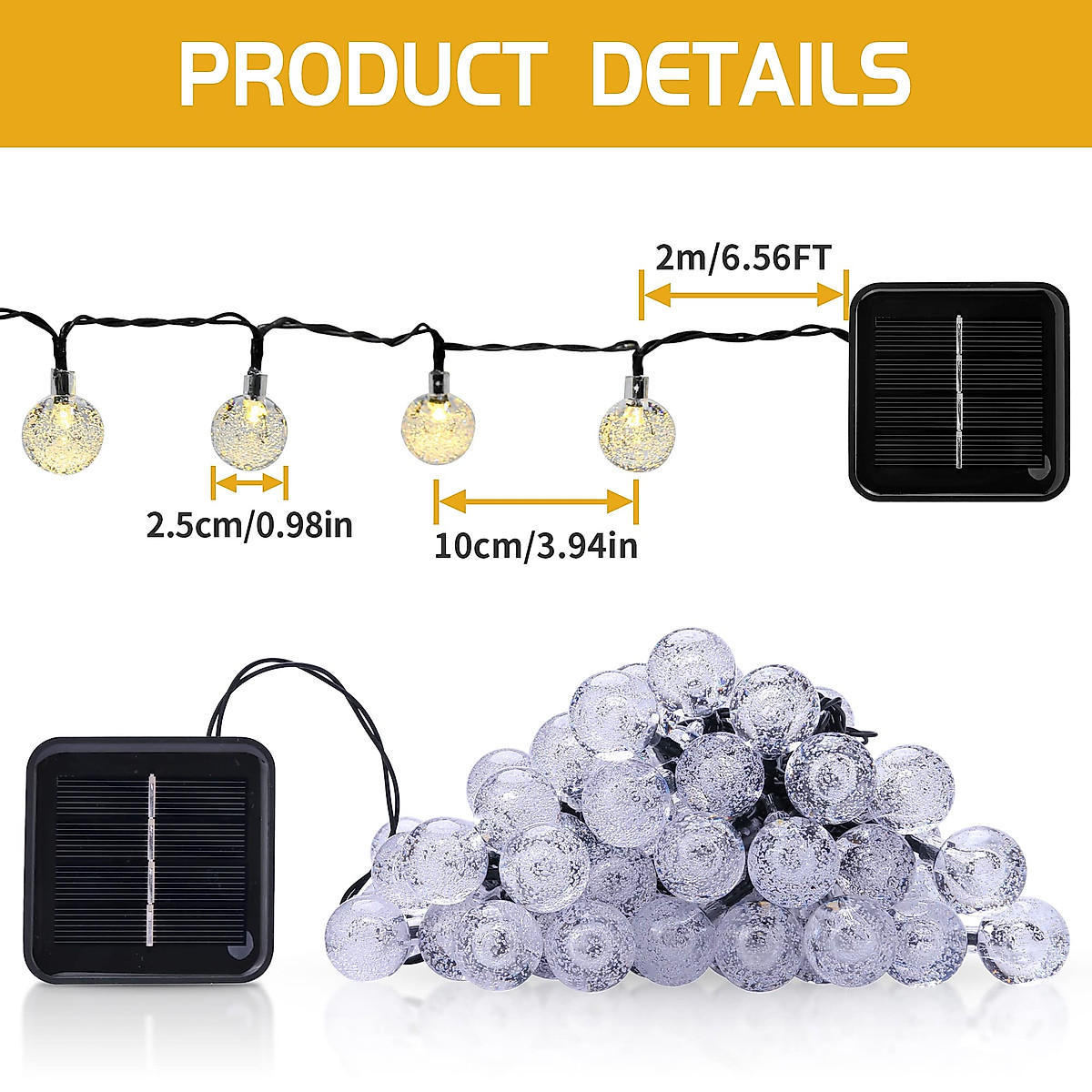 Kitmose Solar String Lights Outdoor Patio Lights,8 Modes 22 FT Christmas Fairy Lights Hanging Lights 50 LED for Balcony Backyard Porch,Solar Powered Auto On/Off (Warm White)