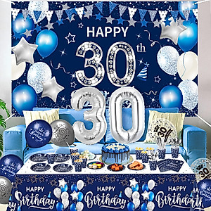 30th Birthday Decorations for Men and Women, 131 PCS Navy Blue Silver 30th Birthday Party Supplies Includes Blue Happy 30th Birthday Banner Balloons Napkins Cups Tablecloth Plates Foil Backdrops for