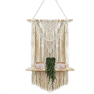 KALTEK Macrame Shelf with Flower Design | Boho Style with Floating Wood Shelf | Beautiful Handmade Macrame Shelf for Hanging Plants and Decor | Boho Wall Decor with Macrame Rope Shelving