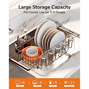 ULG Dish Drying Rack Kitchen Sink Dish Drainer Stainless Steel in/Over The Sink Drying Rack for Dishes Plates Glasses Silverware with Cup and Cutlery Holders Quick Drying Arms Extendable, Medium Size