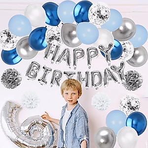 Baby Blue and Silver Birthday Decorations Light Blue White Silver Birthday Party Decorations Blue Balloon Garland Kit with Silver Happy Birthday Balloon Banner Cake Topper for Boys Girls
