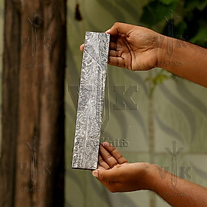 JNR Traders Damascus BIllet Blank - Flat Bar Stock- Knife Making Supplies, 12 Inch Forged Feather Damascus Billet, 5mm Thick 3008