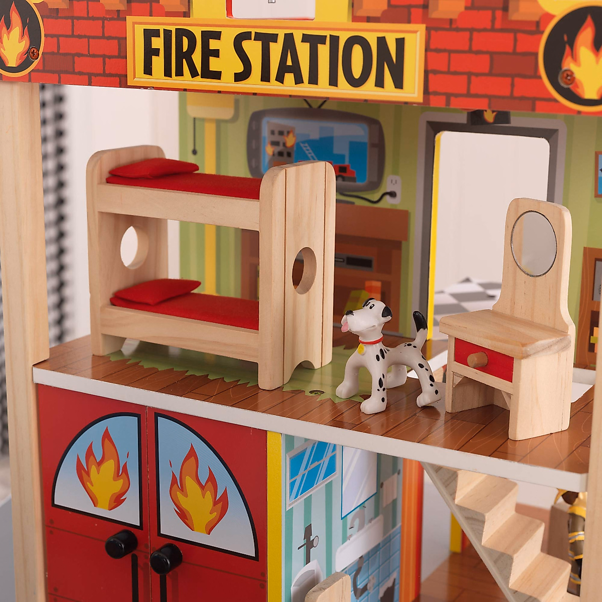 KidKraft Wooden Fire Station Set for 360 Degree Play - Wooden Construction, Working Garage Doors, Bendable Figures, Young Children Toy, Comes with Instructions, Scree Free Toy, Gift for Ages 3+