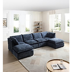 6 Seater Oversized Deep Seat Convertible Modular Sectional Sofa, Free Combination Reversible Sleeper Corner Couch with Movable Ottomans Sets and Solid Wood Legs for Living Room Office