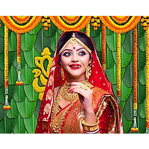 Ticuenicoa 7×5ft India Pooja Traditional Photography Backdrop Diwali Backdrops Banana Leaf Green Chatiya Ganesh Background Marigold Puja Ganpati Wedding Photo Tapestry Booth Props