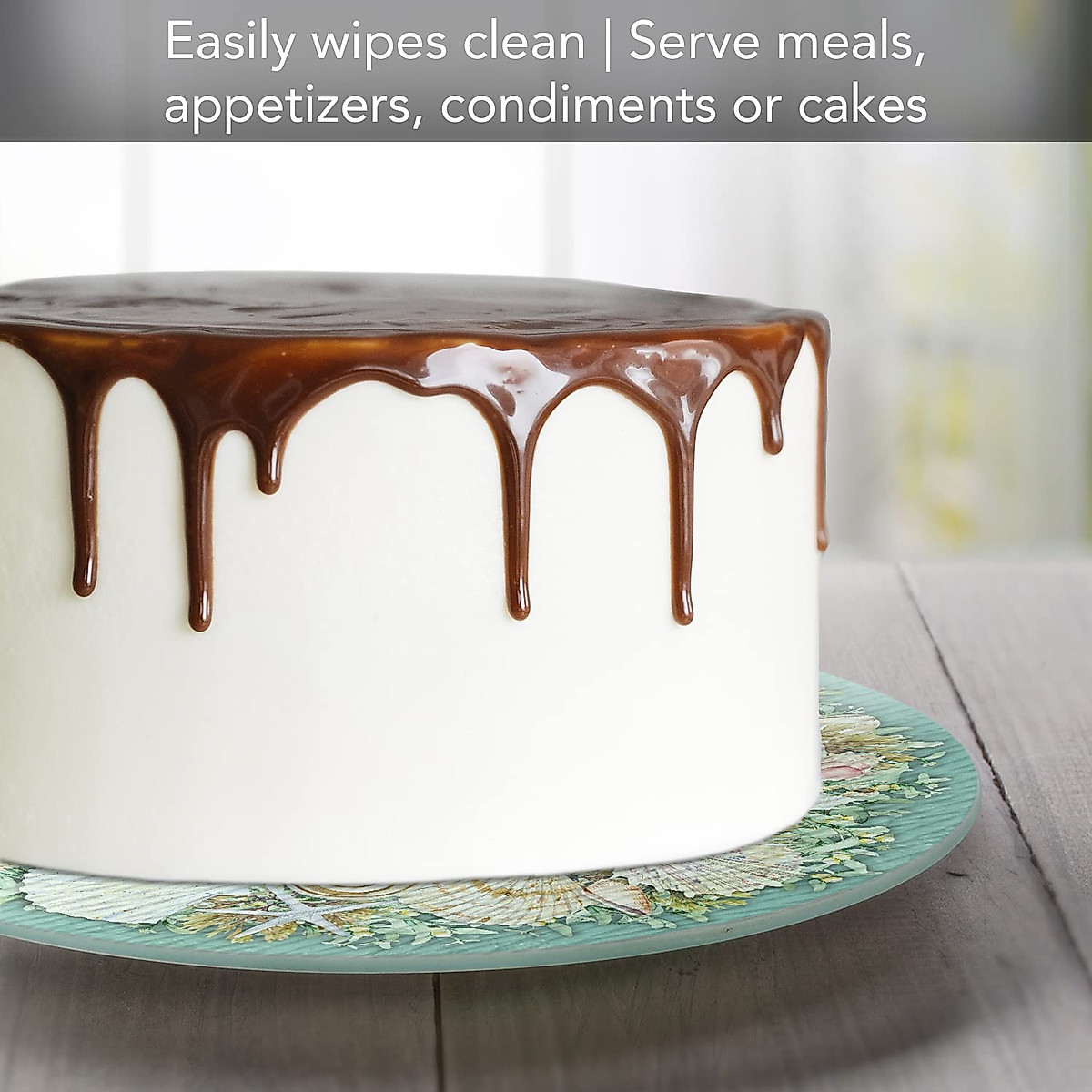 CounterArt Coastal Wreath 4mm Heat Tolerant Tempered Glass Lazy Susan Turntable 13” Diameter Cake Plate Pizza Server