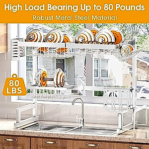 Over The Sink Dish Drying Rack, Adjustable (26.8" to 34.6") Large Dish Drying Rack for Kitchen Counter with Multiple Baskets Utensil Sponge Holder Sink Caddy, 2 Tier White