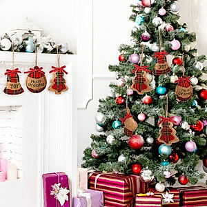24 Pcs Burlap Christmas Ornaments 2022 Set Mini Stockings Funny Christmas Tree Ornaments Rustic Christmas Decorations Red Plaid Tartan Hanging Decoration Stocking Ball Tree Bell, 8 Styles (Rustic)