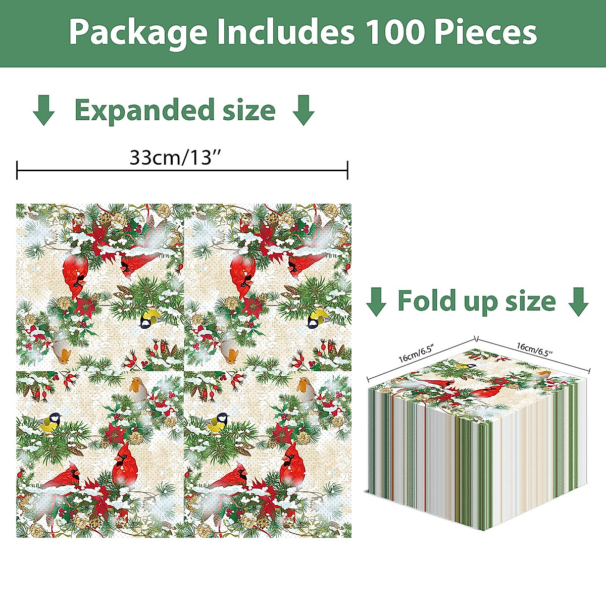 100pcs Christmas Cardinal Guest Napkins 3 Ply Disposable Paper Pack Red Cardinal Bird Paper Luncheon Dinner Hand Napkins Cardinals Birthday Party Decor Bird Party Supplies