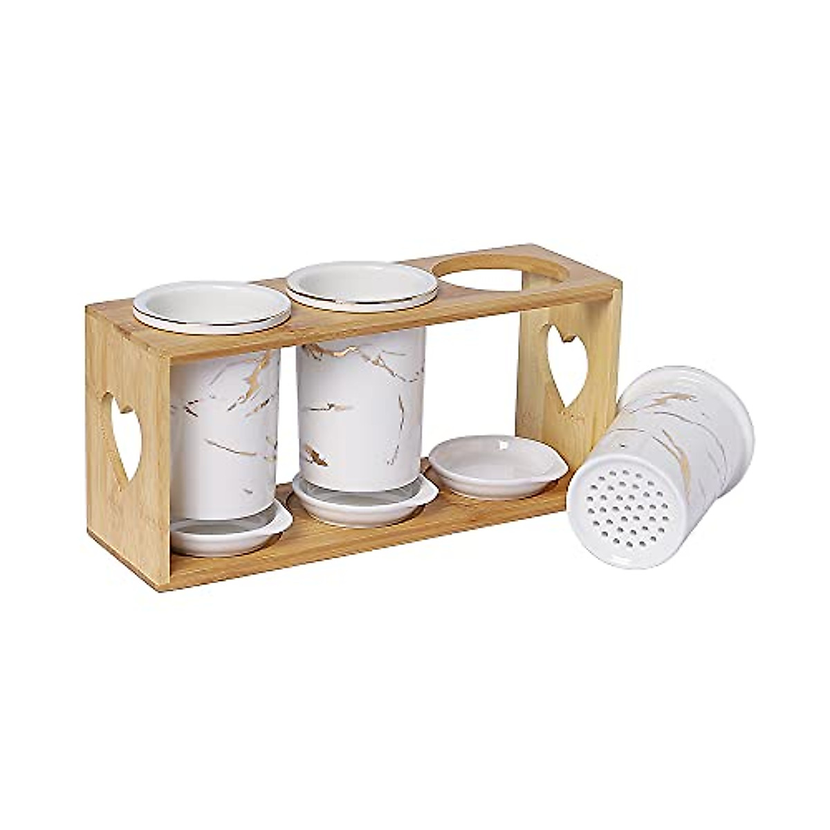 LUODI Golden Marbling Set of 3 with Wooden,Silverware Caddy Holder for Spoons Knives and Forks,Kitchen Utensil Flatware Organizer (White)