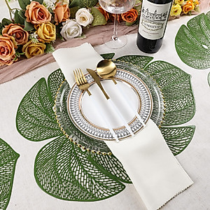 Evevda Green Leaf Shaped Vinyl Placemats for Dinner Table Set of 6 Metallic Plastic Green Place Mats Wipeable 6Pcs Table Mats for Wedding Annersary Dinner Table Decoration Mats(17.7x13.8inch/45x35cm)
