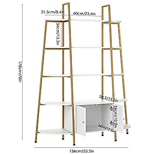 finetones Triple Wide 5-Tier Bookcase with Cabinet, White Bookshelf with Gold Metal Frame, Industrial Style Free Standing Bookshelf, Adjustable Feet, Large Open Display Shelves for Home & Office