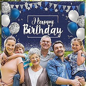 Happy Birthday Decorations Backdrop, Glitter Birthday Backdrop Sign, Happy Birthday Banner, Birthday Party Supplies Photo Background for Children Men Women, 72.8 x 43.3 Inch (Silver and Navy Blue)