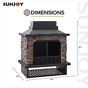 Sunjoy Outdoor Fireplace, Heavy Duty Patio Wood Burning Fireplace with Steel Chimney, Mesh Spark Screen Doors, Removable Grate and Fire Poker, Black