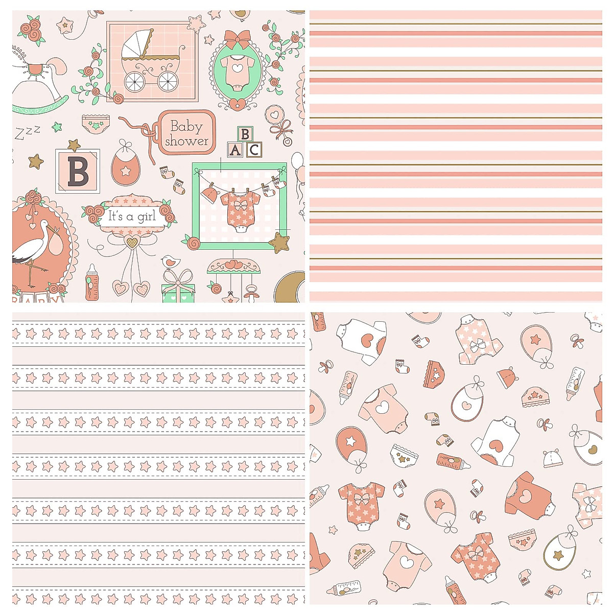 WRAPAHOLIC Baby Girl Wrapping Paper Roll - Cute Hobbyhorse and Baby Clothes Design Perfect for Celebration, Party, Baby Shower Present Packing - 4 Rolls - 30 inch X 120 inch Per Roll