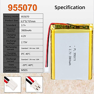 AKZYTUE 3.7V 3800mAh 955070 Lipo battery Rechargeable Lithium Polymer ion Battery Pack with PH2.0mm JST Connector