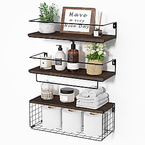 upsimples Bathroom Shelves with Storage Basket, Wall Shelves Over Toilet with Towel Bar and Paper Holder, Farmhouse Wood Floating Shelf for Bedroom, Living Room, Kitchen, Office, Dark Brown Set of 3