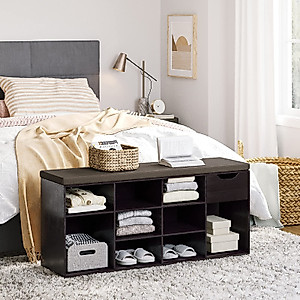 DINZI LVJ Shoe Bench, Entryway Storage Bench with Drawer and 11 Cubbies, Cubby Shoe Rack with Adjustable Shelves, Shoe Organizer Cabinet for Living Room, Bedroom, Mudroom, Closet and Garage, Espresso