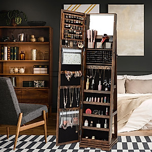 Buymoth 3-in-1 Rotating Jewelry Armoire Cabinet, Freestanding Lockable Jewelry Cabinet Organizer w/Full Length Mirror, Large Storage Capacity, Built-in Makeup Mirror & 3-Tier Rear Shelves,Rustic Brown