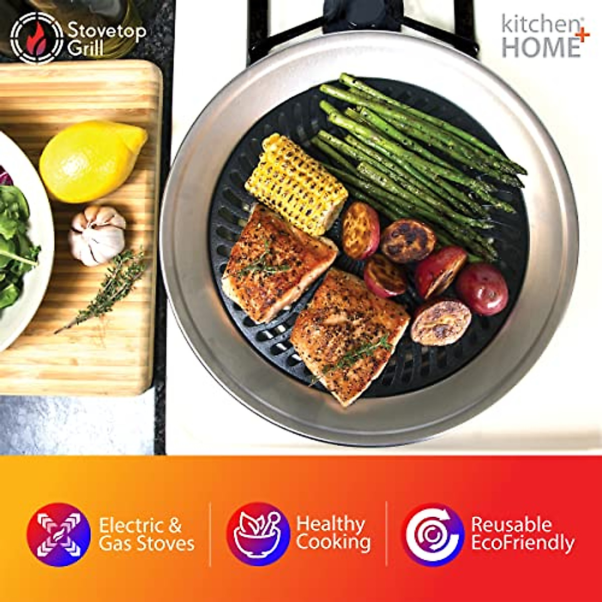 Kitchen + Home Stove Top Smokeless Grill Indoor BBQ, Stainless Steel with Double Coated Non Stick Surface
