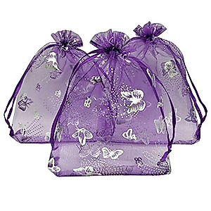 Ankirol 100pcs Sheer Organza Favor Bags Purple Butterfly Print for Wedding Bags Samples Display Drawstring Pouches (5x7)