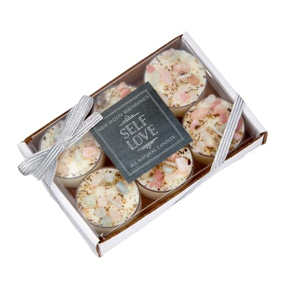 Self Love Candle by New Moon Beginnings - Negative Energy Cleansing - Handmade Aromatherapy Soy Candle - Dried Flower, Herb, & Crystal Candle - Set of 6 Tealights